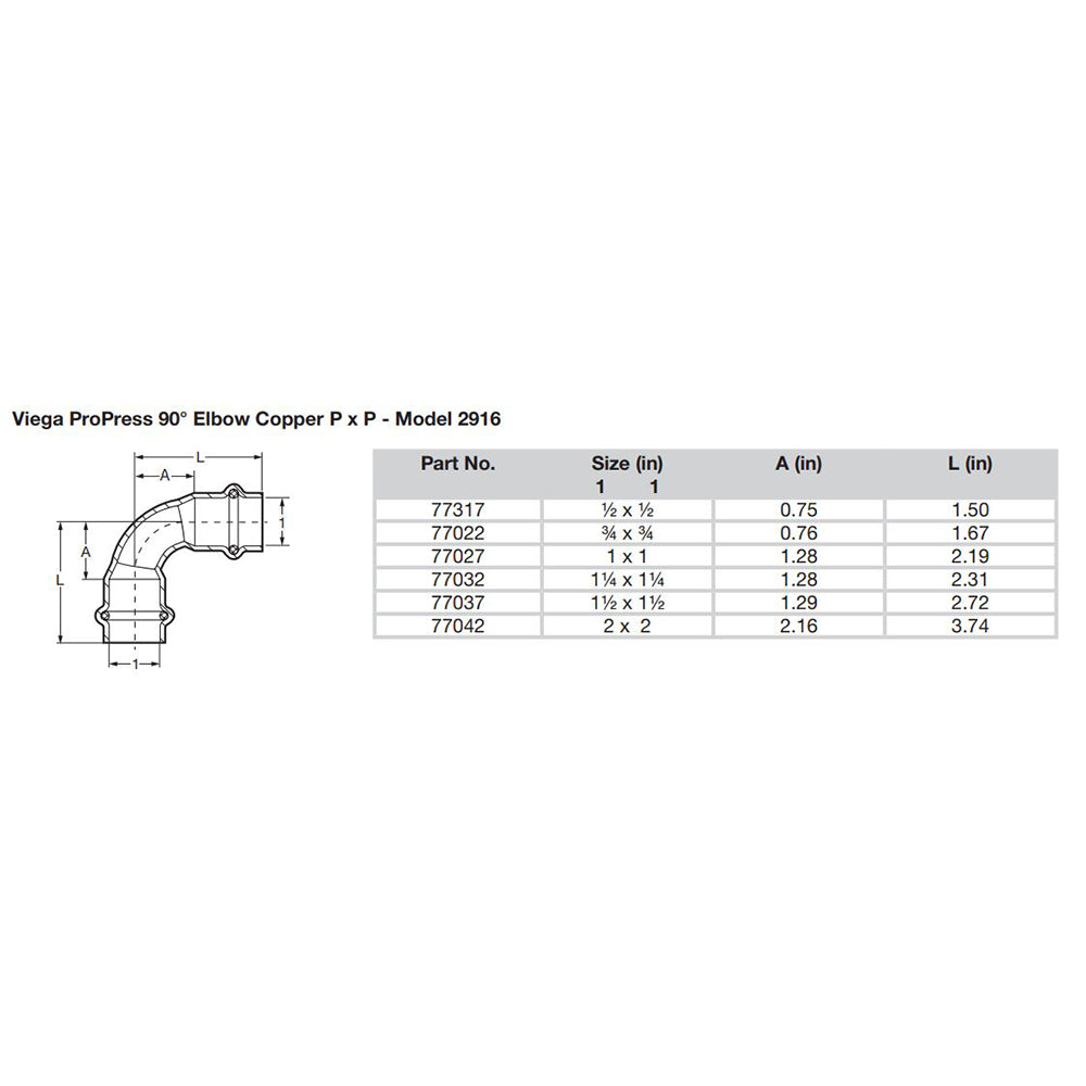 Viega ProPress 1 90 Copper Elbow Double Press Connection Smart Connect ...